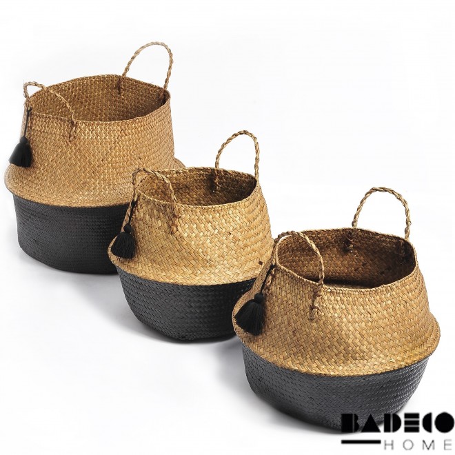 Canasto Fibra Natural Entramado Base Negra Medium 180818M